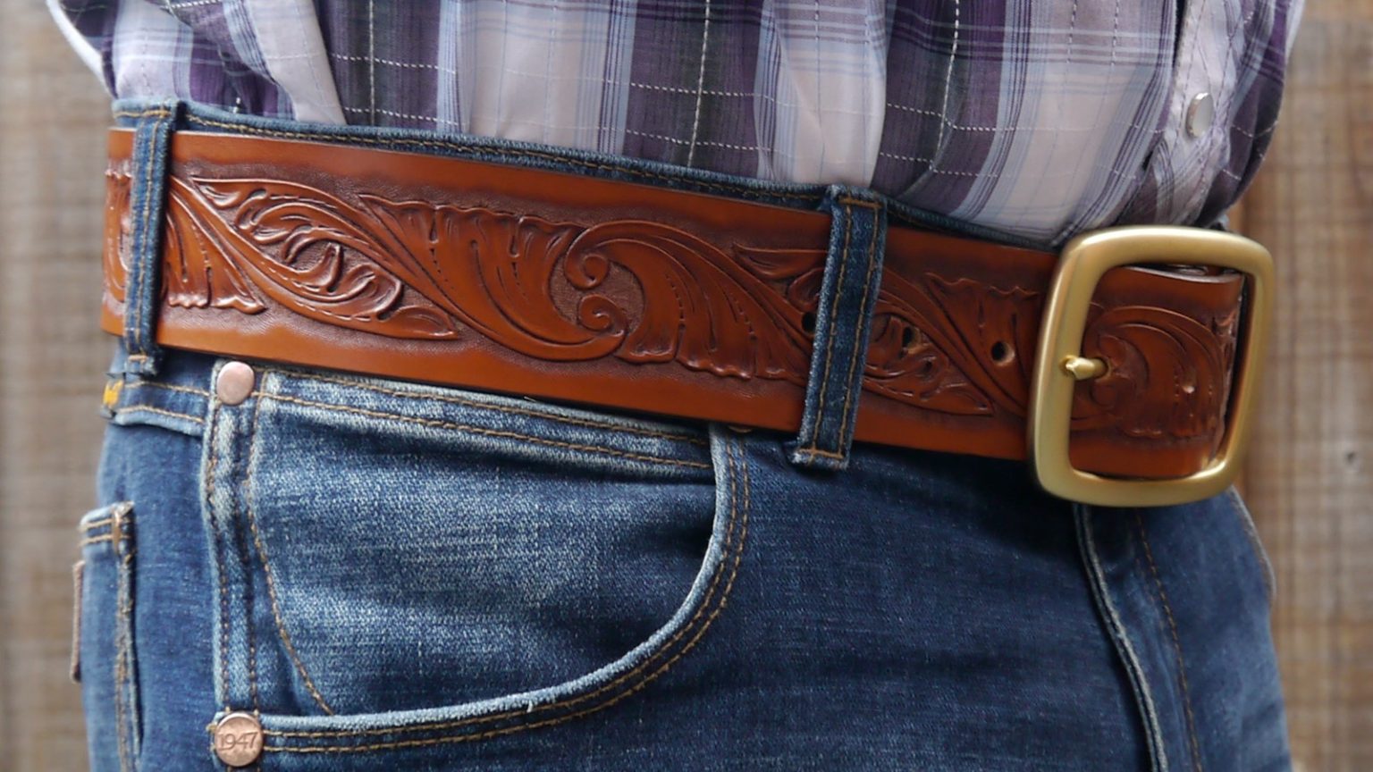 Men’s 2 inch Wide Hand Carved & Tooled Wave Pattern Leather Belt
