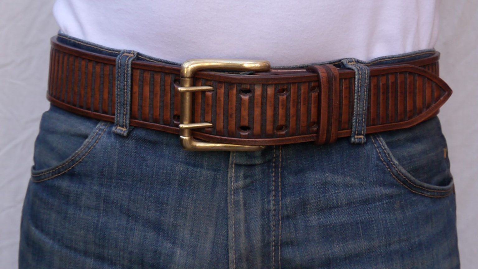 Men’s 2 inch Wide Hand Carved & Tooled Vertical Stripe Leather Belt